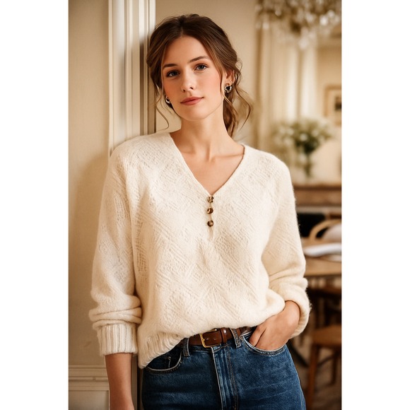American Vintage | Sweaters | Vintage Ivory Textured Knit Sweater V ...
